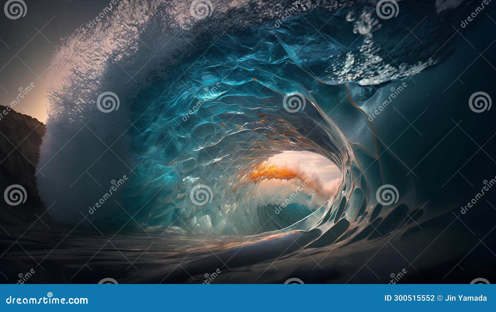 Abstract 3D Illustration of a Blue Ocean Wave in a Cave. Stock ...