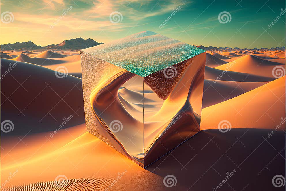 Abstract 3d Illustration of a Cube in the Middle of the Desert Stock ...