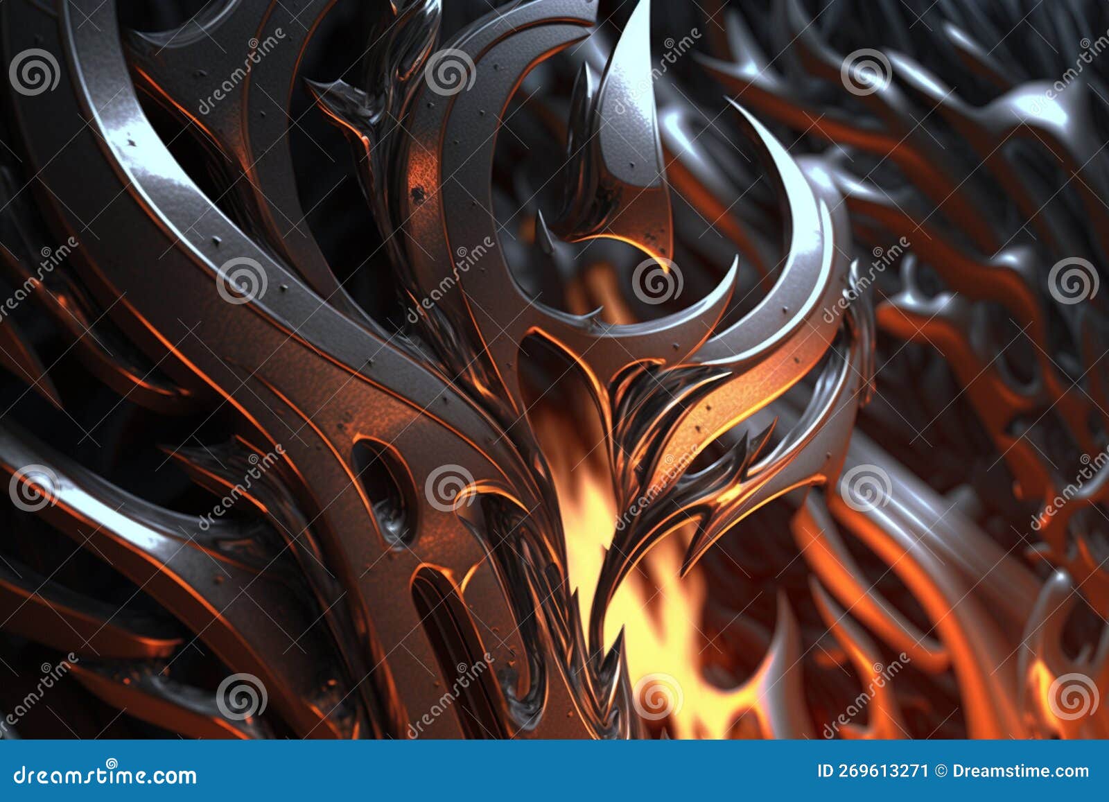 Abstract 3D Illustration of Metallic Objects in Flames with Reflection ...