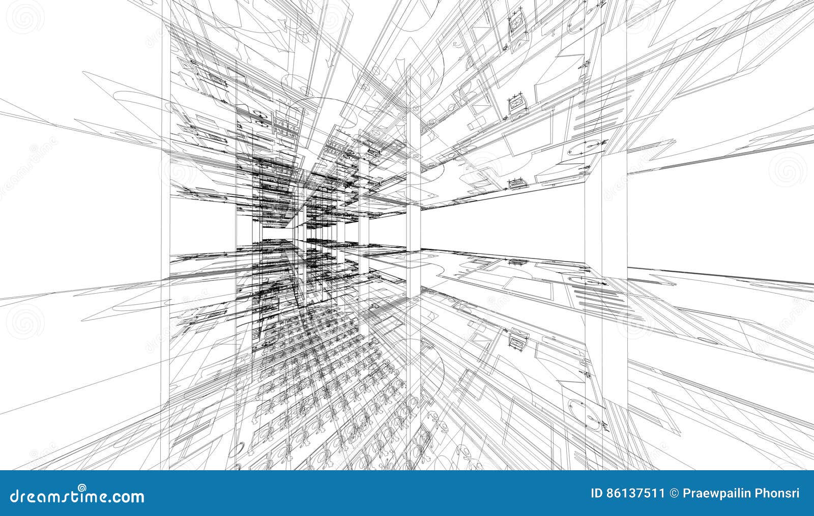 Abstract 3D Render of Building Wireframe Structure. Stock Illustration ...