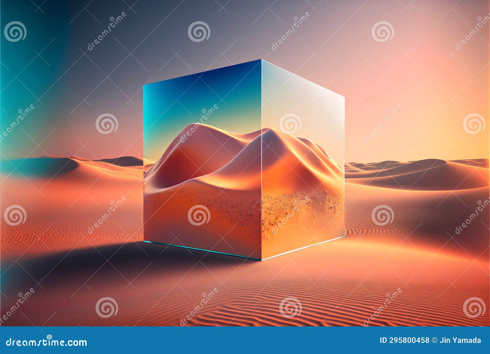 Abstract 3d Render of a Cube in the Desert with Sand Dunes Stock ...