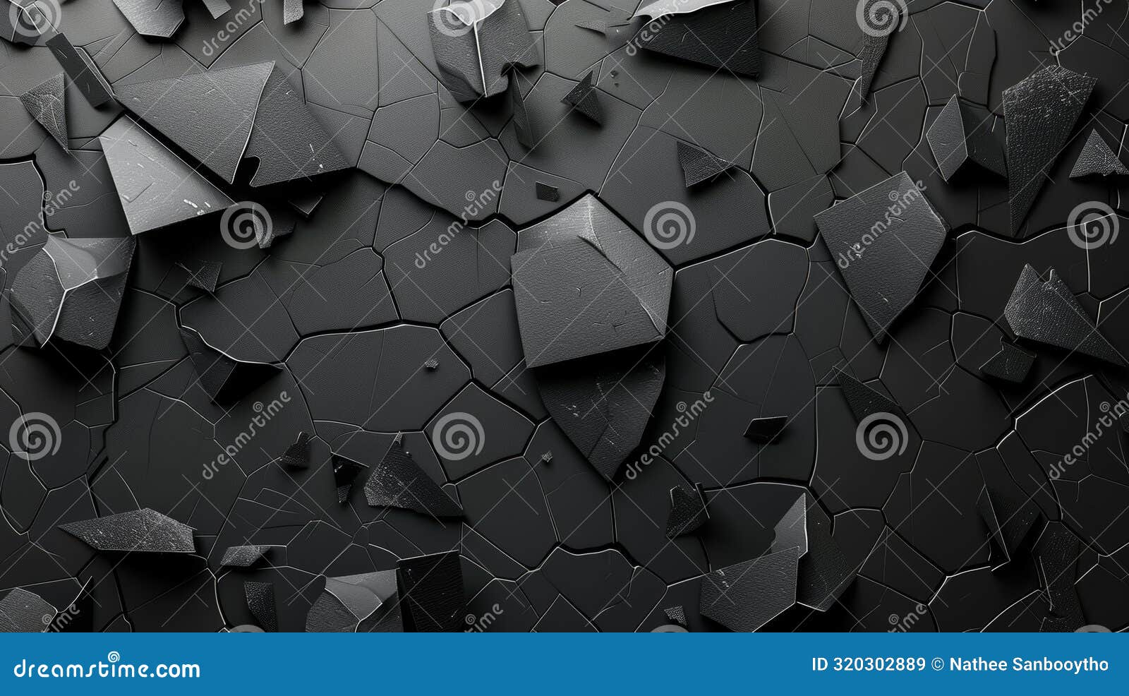 Abstract 3D Render of Dark, Shattered Geometric Shapes on a Cracked ...
