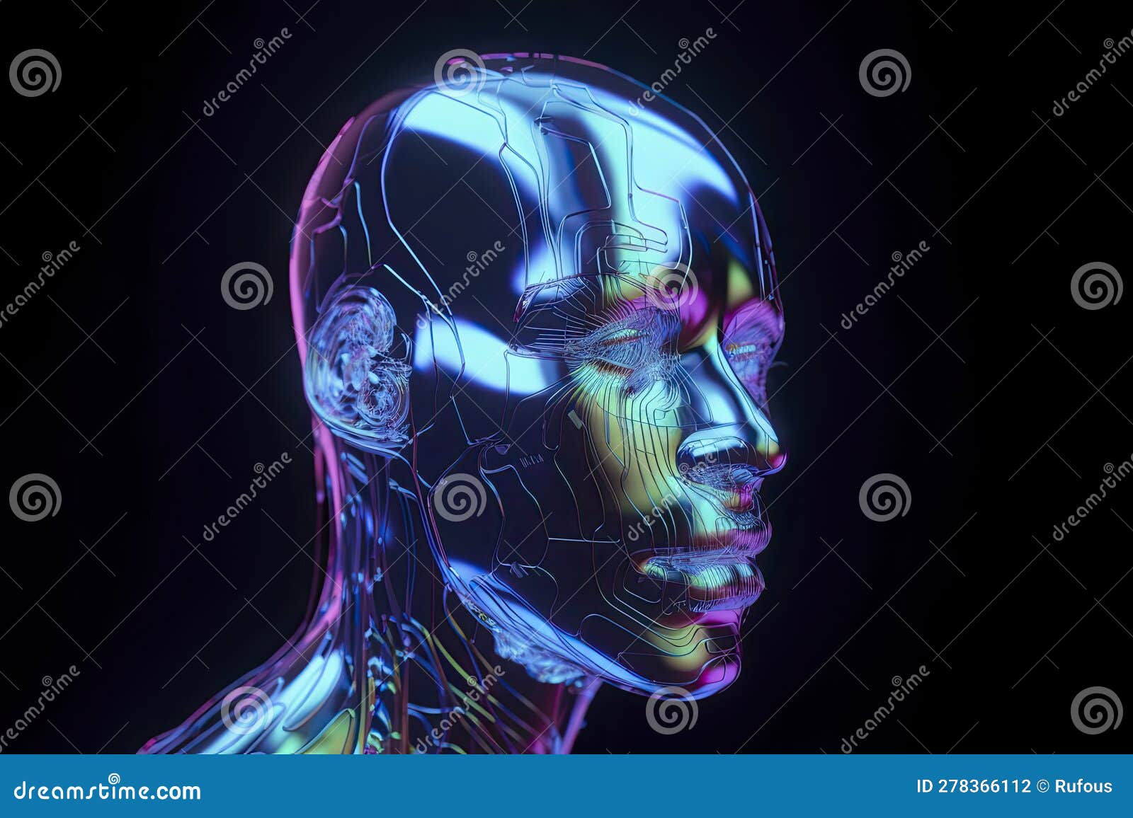 Abstract 3D Render Illustration of Holographic Human Face in the Wall ...