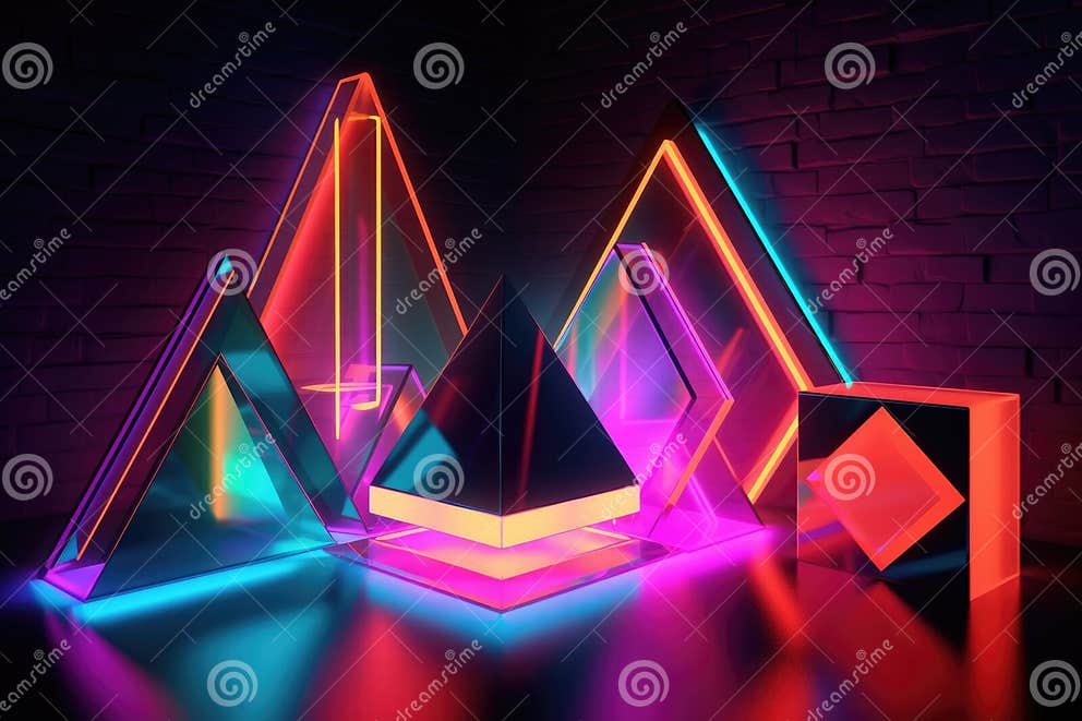 Abstract 3d Render of Neon Geometric Shapes Stock Illustration ...