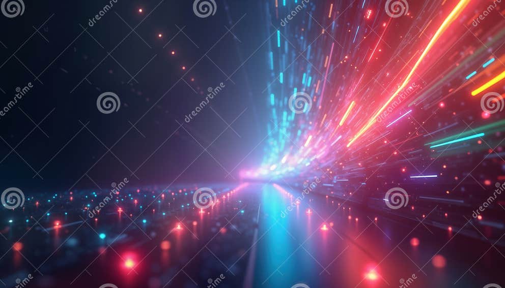Abstract 3d Render Shows Colorful Light Rays, Glowing Particles ...