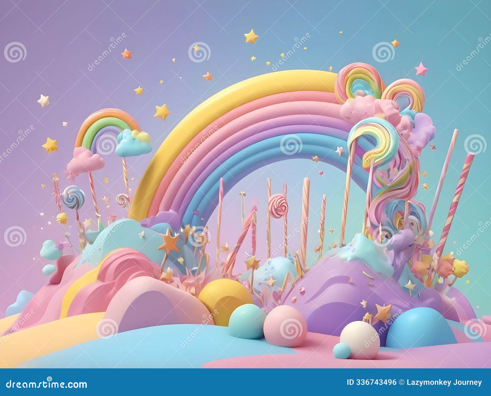 Abstract 3d Rendered Cartoon Pastel Rainbow World with Star Candy ...