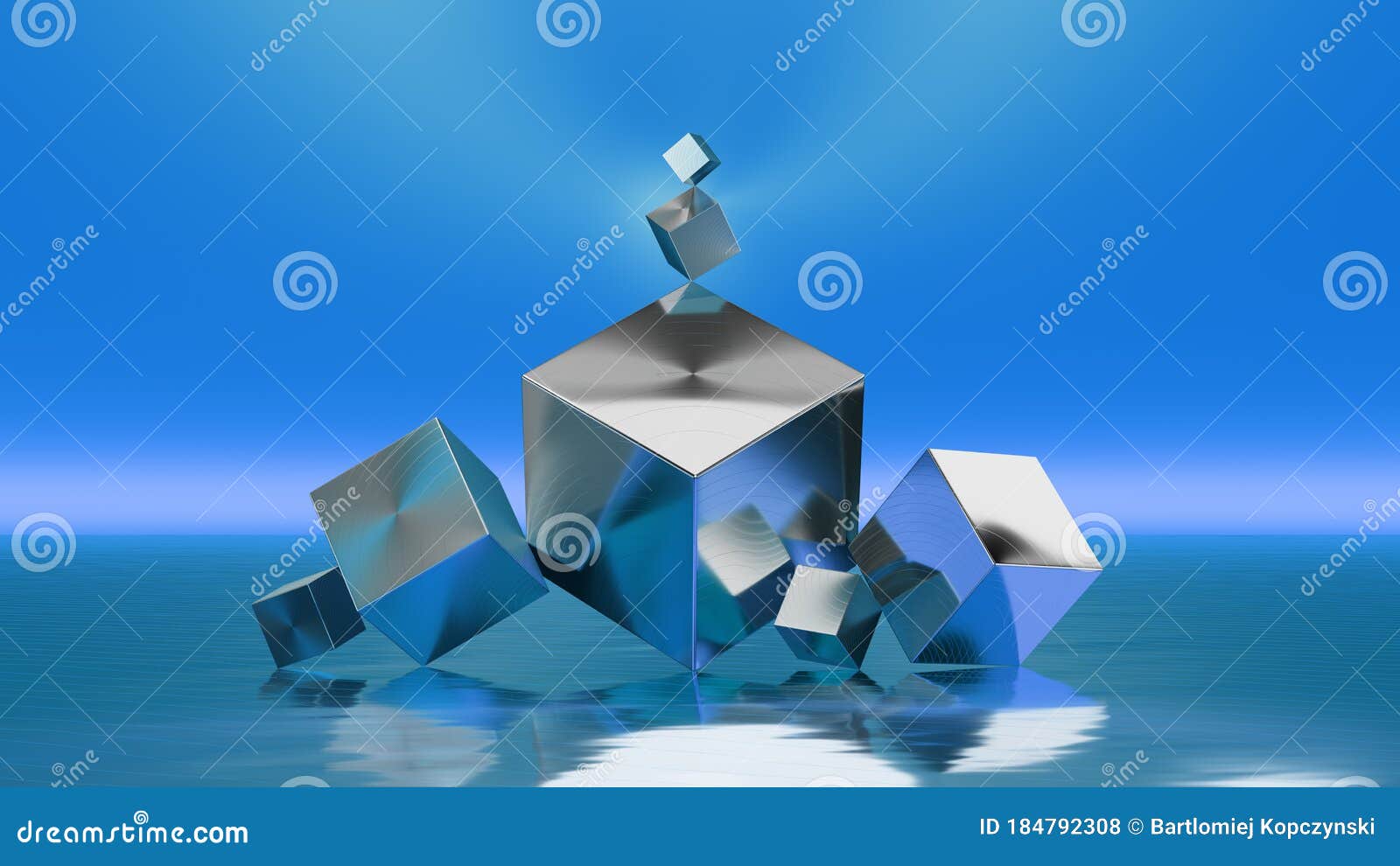 Abstract 3d Rendering. Blue Cubes with Many Sizes on Shiny Surface ...
