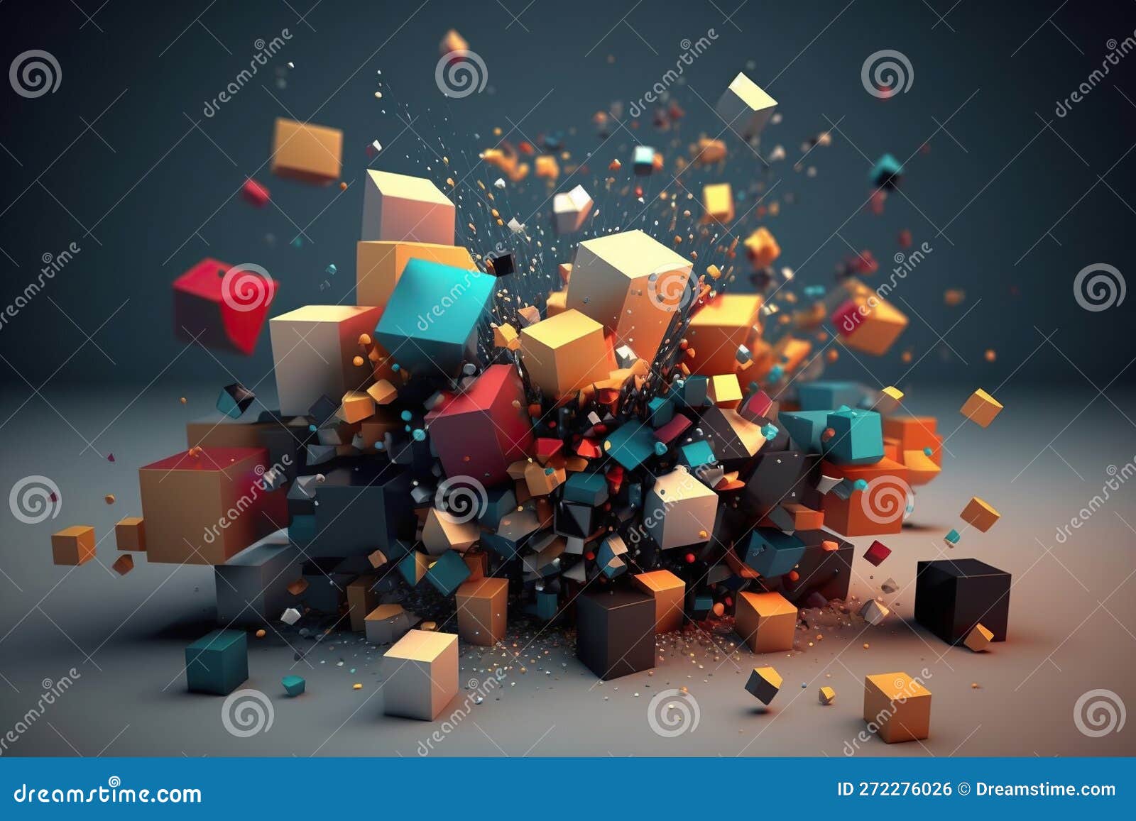 Abstract 3d Rendering of Chaotic Particles. Colored Cubes in Empty Space Stock Illustration ...