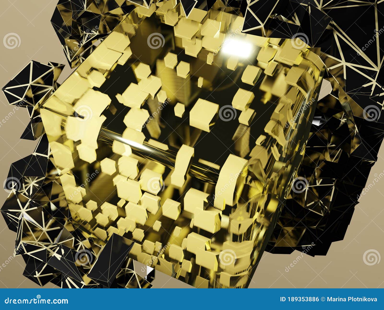 Abstract 3d Rendering of Chaotic Particles. Yellow Cubes in Empty Space ...