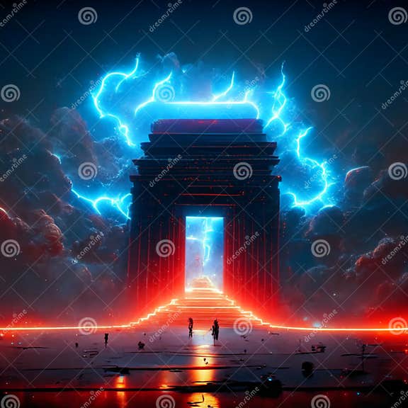 Abstract 3d Rendering of a Cityscape with a Gate and Lightning ...