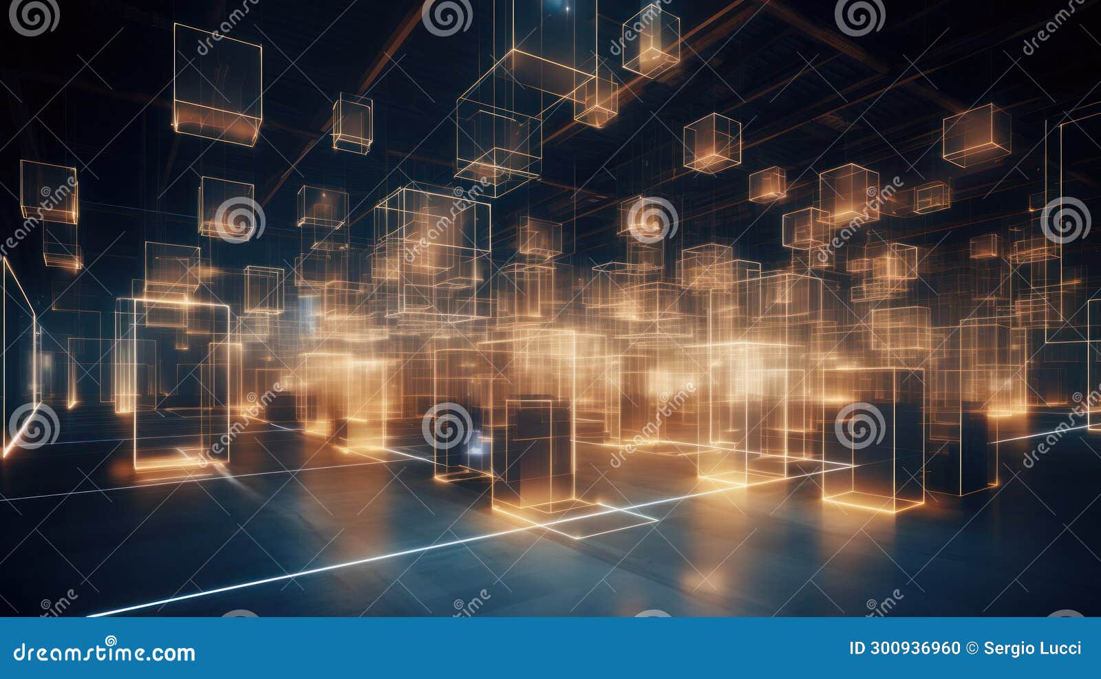 Abstract 3d Rendering of Empty Room with Glowing Cubes. Stock ...