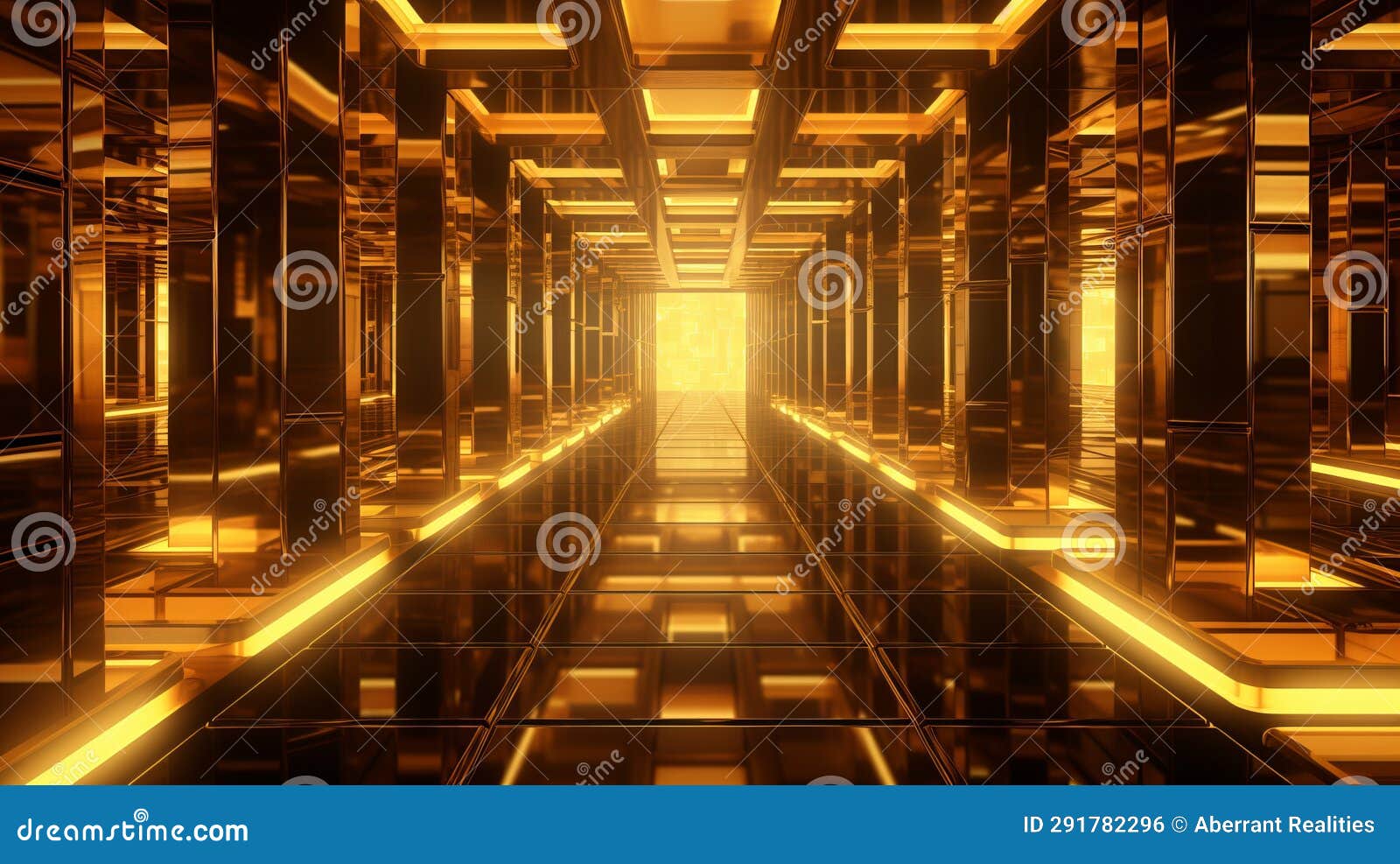 Abstract 3d Rendering of a Golden Hallway with a Light at the End Stock ...
