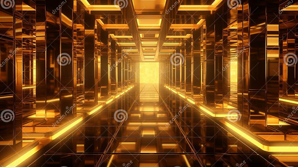 Abstract 3d Rendering of a Golden Hallway with a Light at the End Stock ...