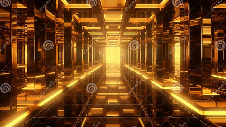 Abstract 3d Rendering of a Golden Hallway with a Light at the End Stock ...