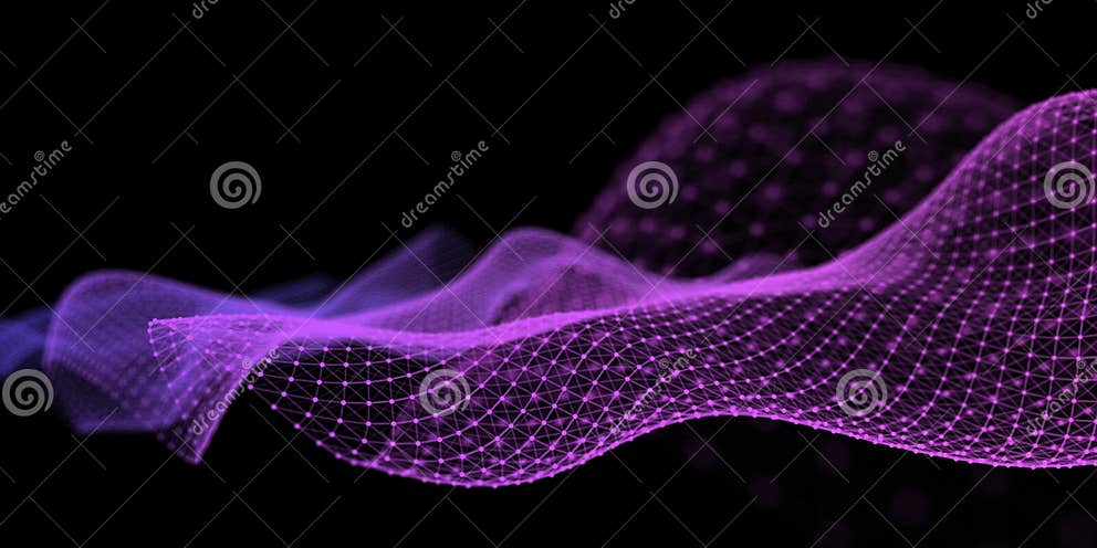 Abstract 3D Rendering Technology Purple Wavy Grid on Black Background ...