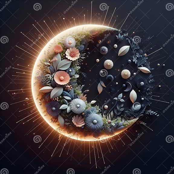 Abstract 3D Shape Half Sun Half Moon Foliage and Flowers Incorporated ...