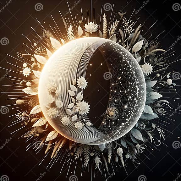 Abstract 3D Shape Half Sun Half Moon Foliage and Flowers Incorporated ...