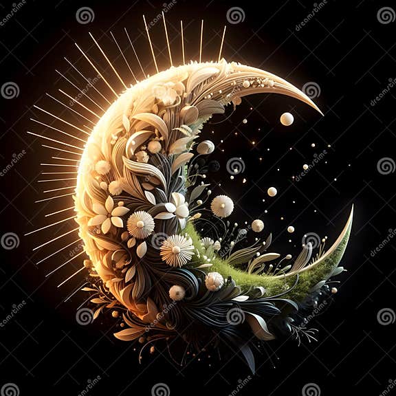 Abstract 3D Shape Half Sun Half Moon Foliage and Flowers Incorporated ...