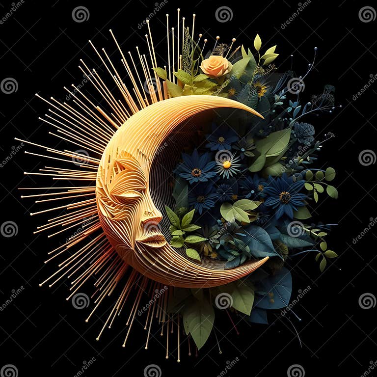Abstract 3D Shape Half Sun Half Moon Foliage and Flowers Incorporated ...