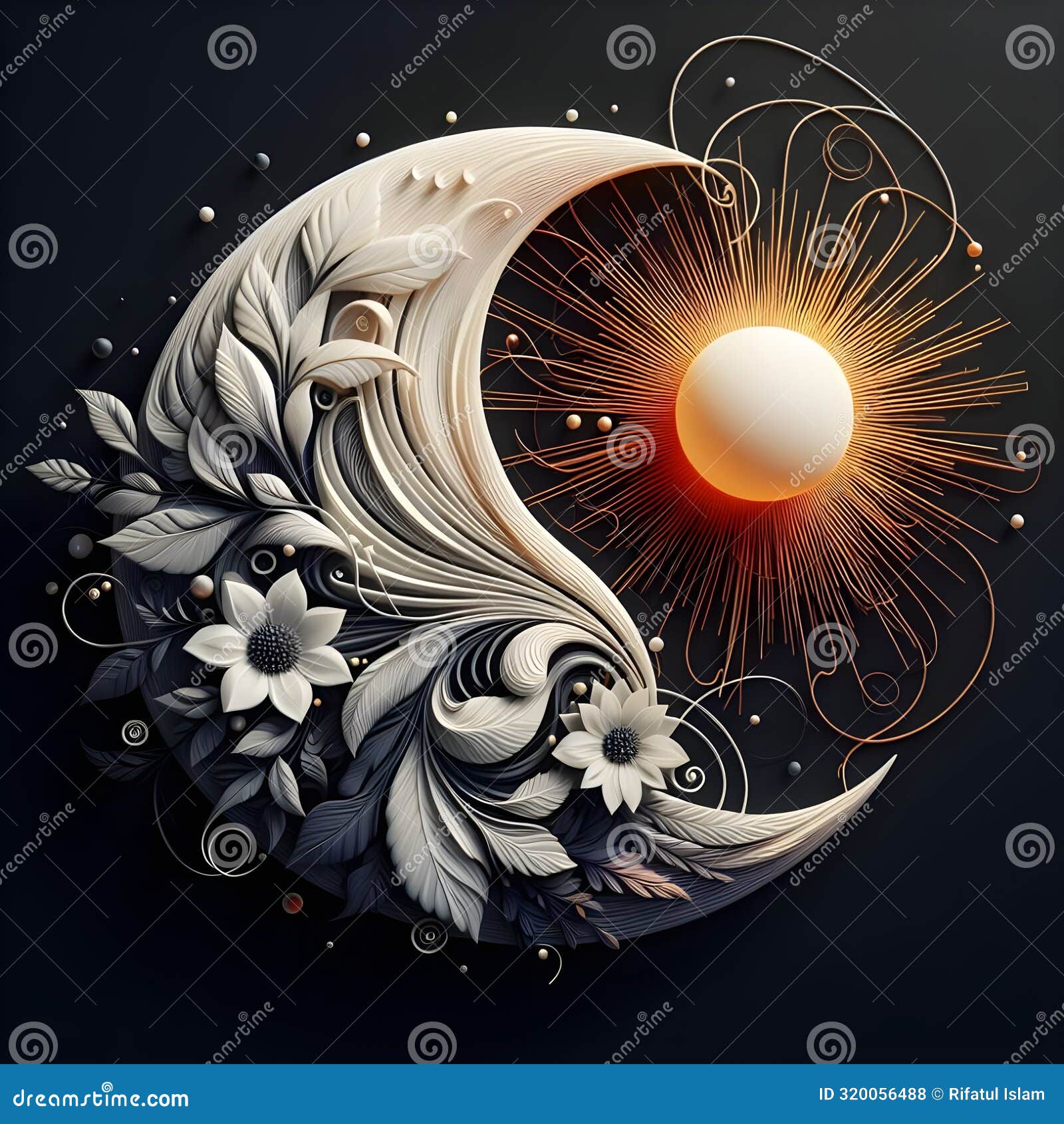 Abstract 3D Shape Half Sun Half Moon Foliage and Flowers Incorporated ...