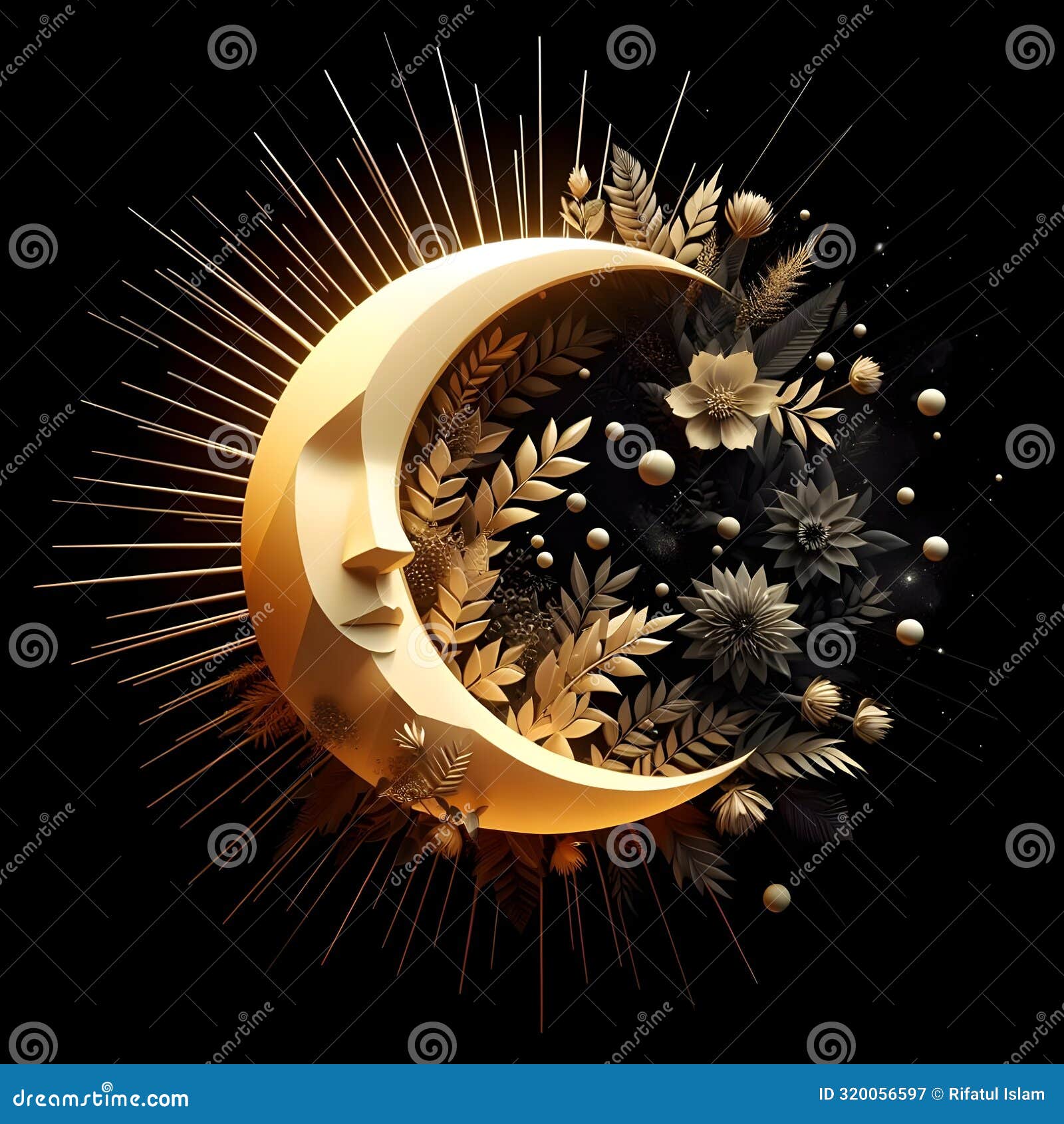 Abstract 3D Shape Half Sun Half Moon Foliage and Flowers Incorporated ...