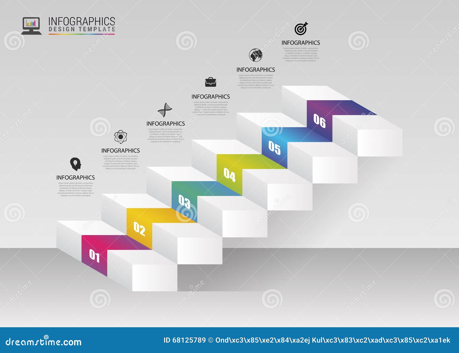 Stairs Infographic Design Template With 6 Multi Colored Successively ...
