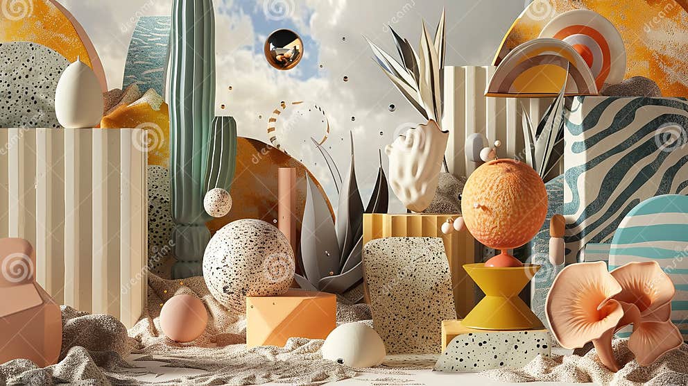 Abstract 3D Still Life with Geometric Shapes and Organic Forms Stock ...