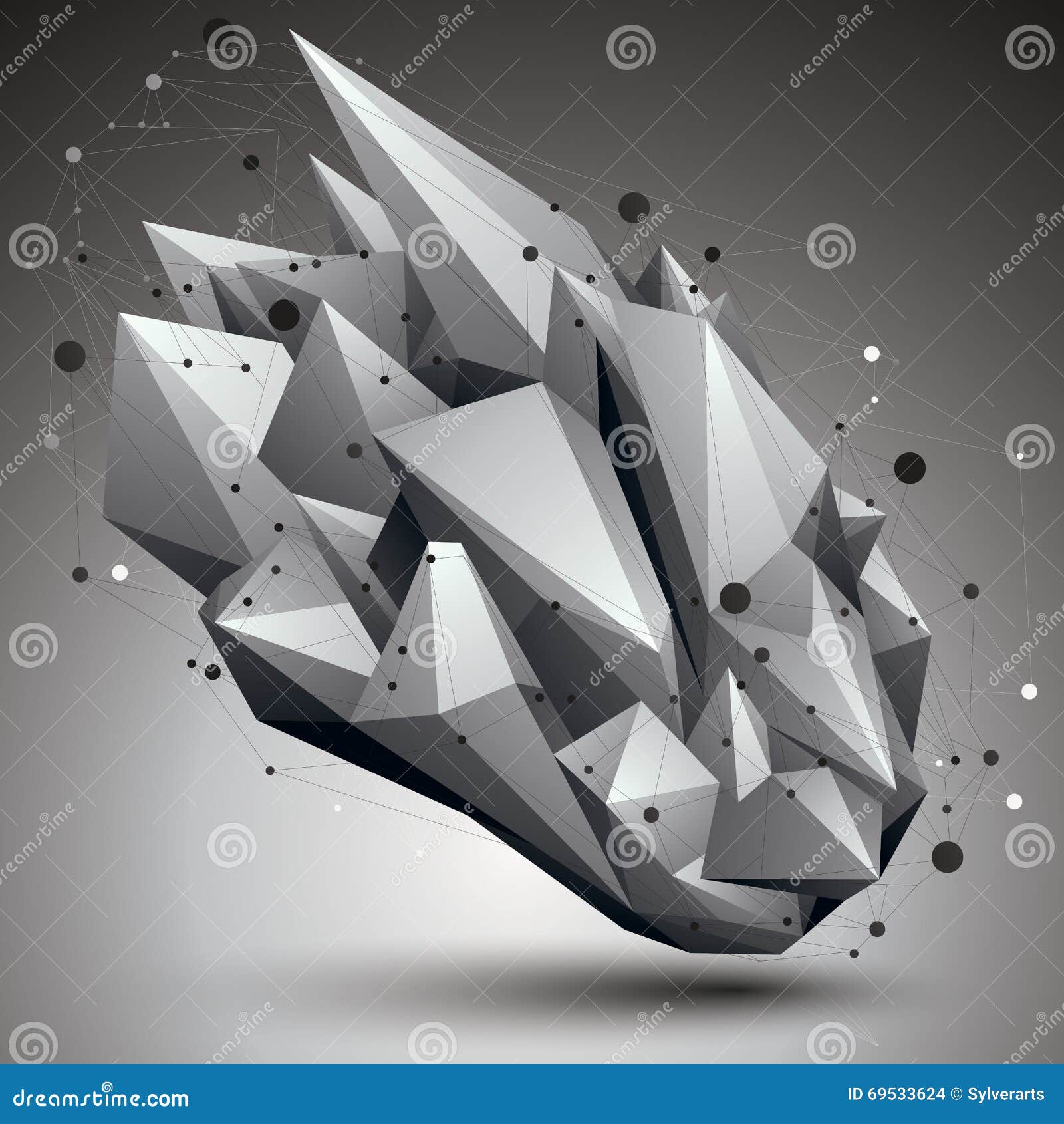 Abstract 3D Structure Polygonal Network Object, Grayscale Deform Stock ...