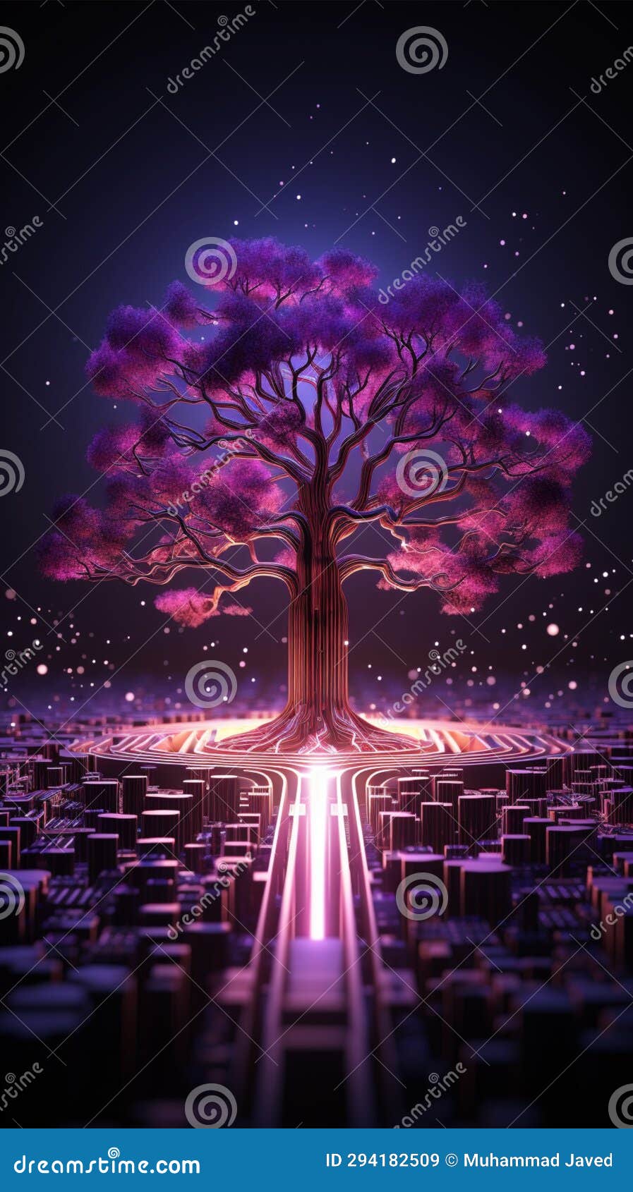 Abstract 3D Tree Pink and Purple Circuits on a Dark Backdrop Stock ...