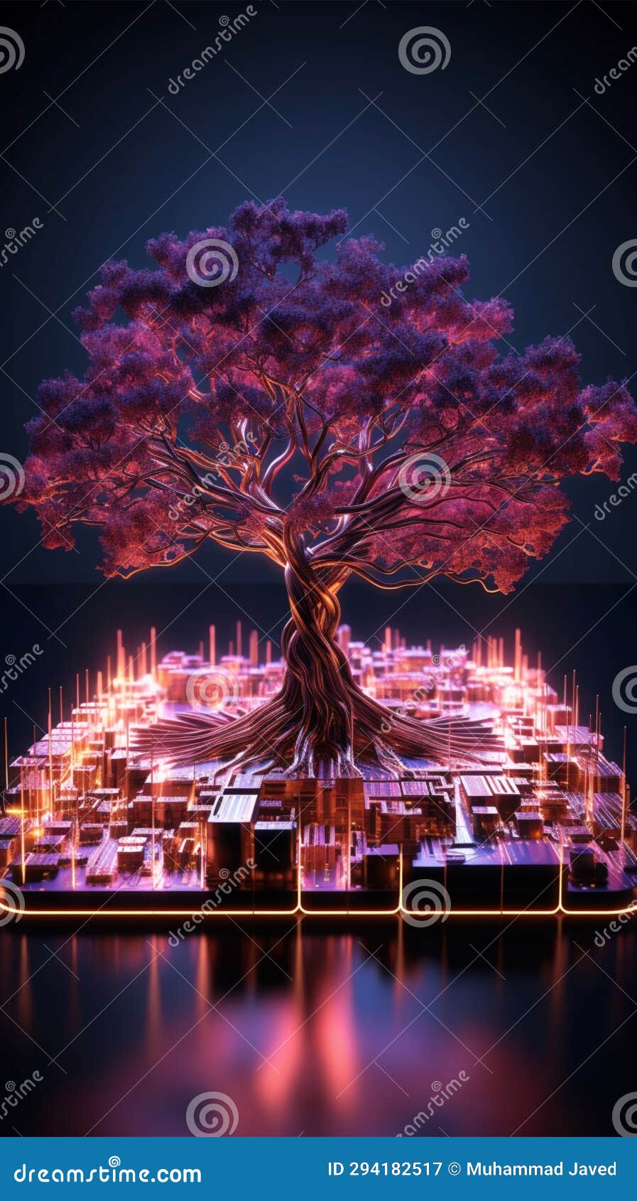 Abstract 3D Tree Pink and Purple Circuits on a Dark Backdrop Stock ...