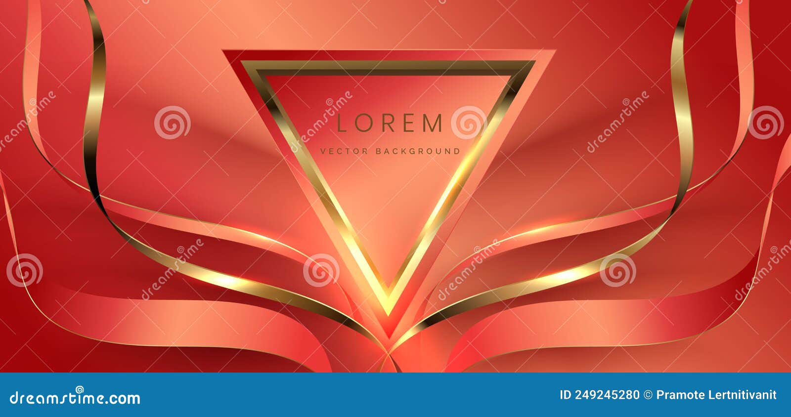 Abstract 3d Triangle Shape and Gold Curved Red Ribbon on Red Background ...