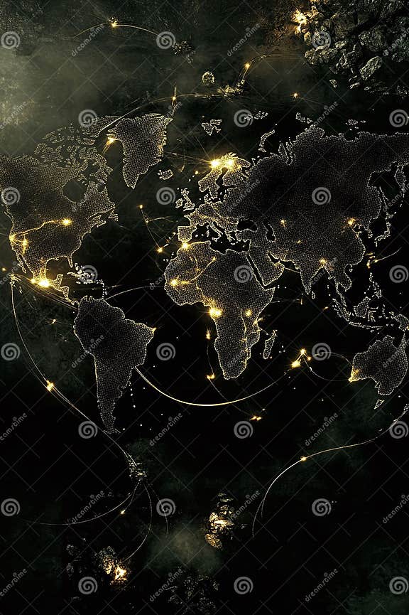 An Abstract 3d World Map With Interconnected Nodes And Glowing Gis Network Lines Stock