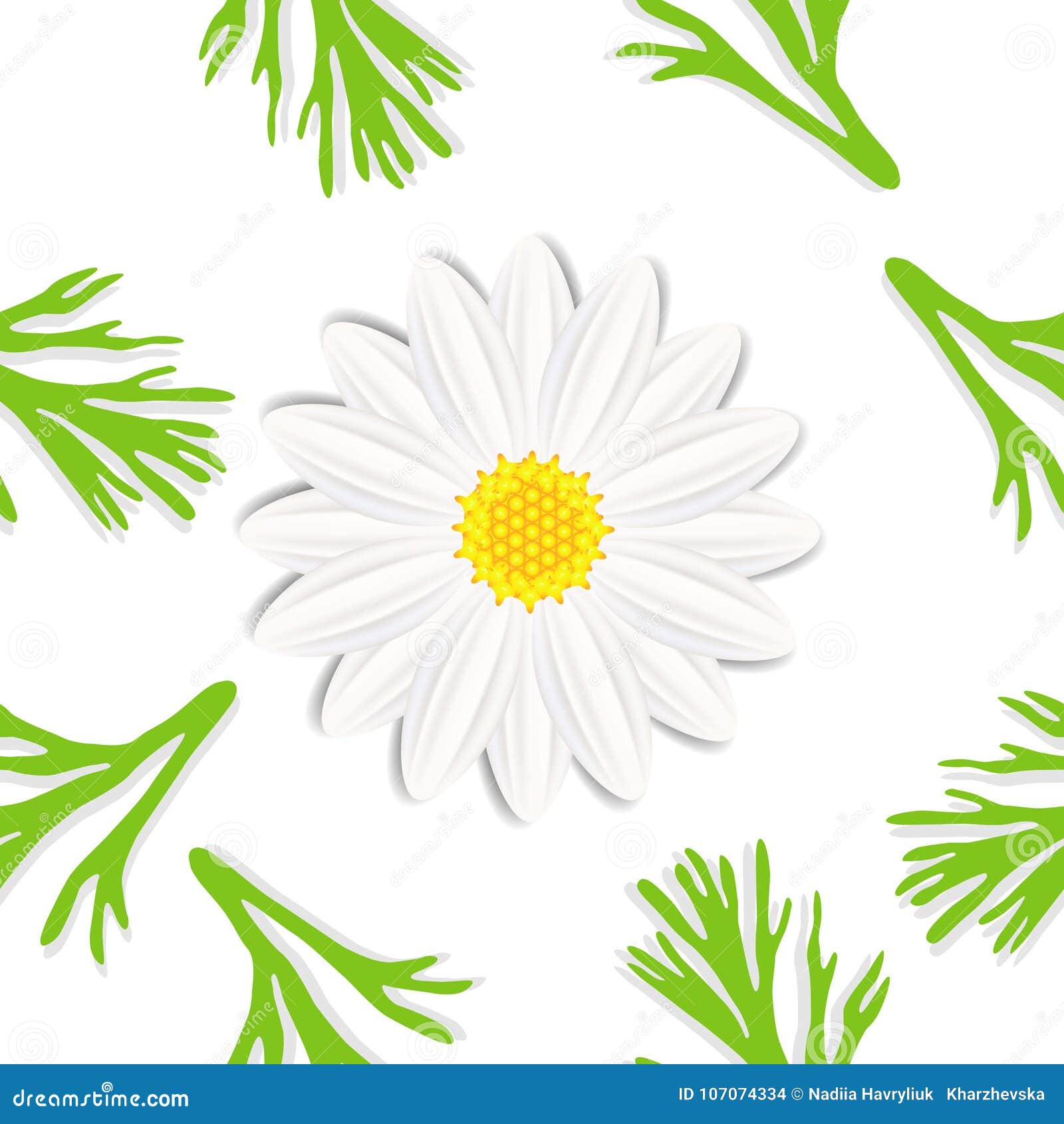 Abstract Daisy with Leaves on a White Background, Modern Seamless ...