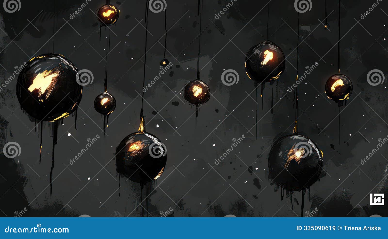Abstract Dark Artwork Featuring Hanging Orbs with Glowing Elements ...
