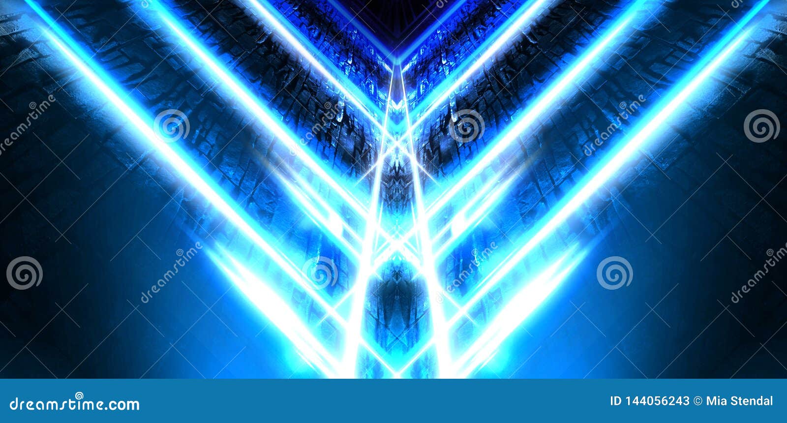 Neon Blue Rays. Dark Tunnel with Neon Blue Light, Abstract Pyramid ...