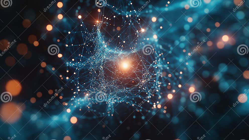 Abstract Dark Blue Background with Glowing Data Points and Network Grids Stock Image - Image of ...