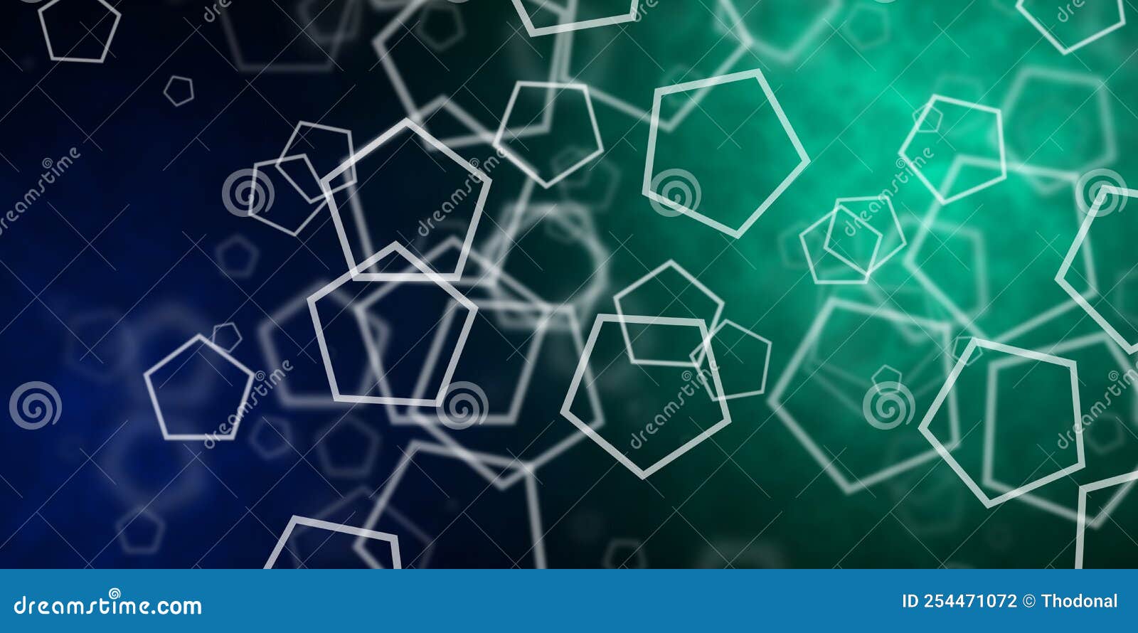 Abstract Dark Blue and Light Green Background with Flying Pentagonal ...