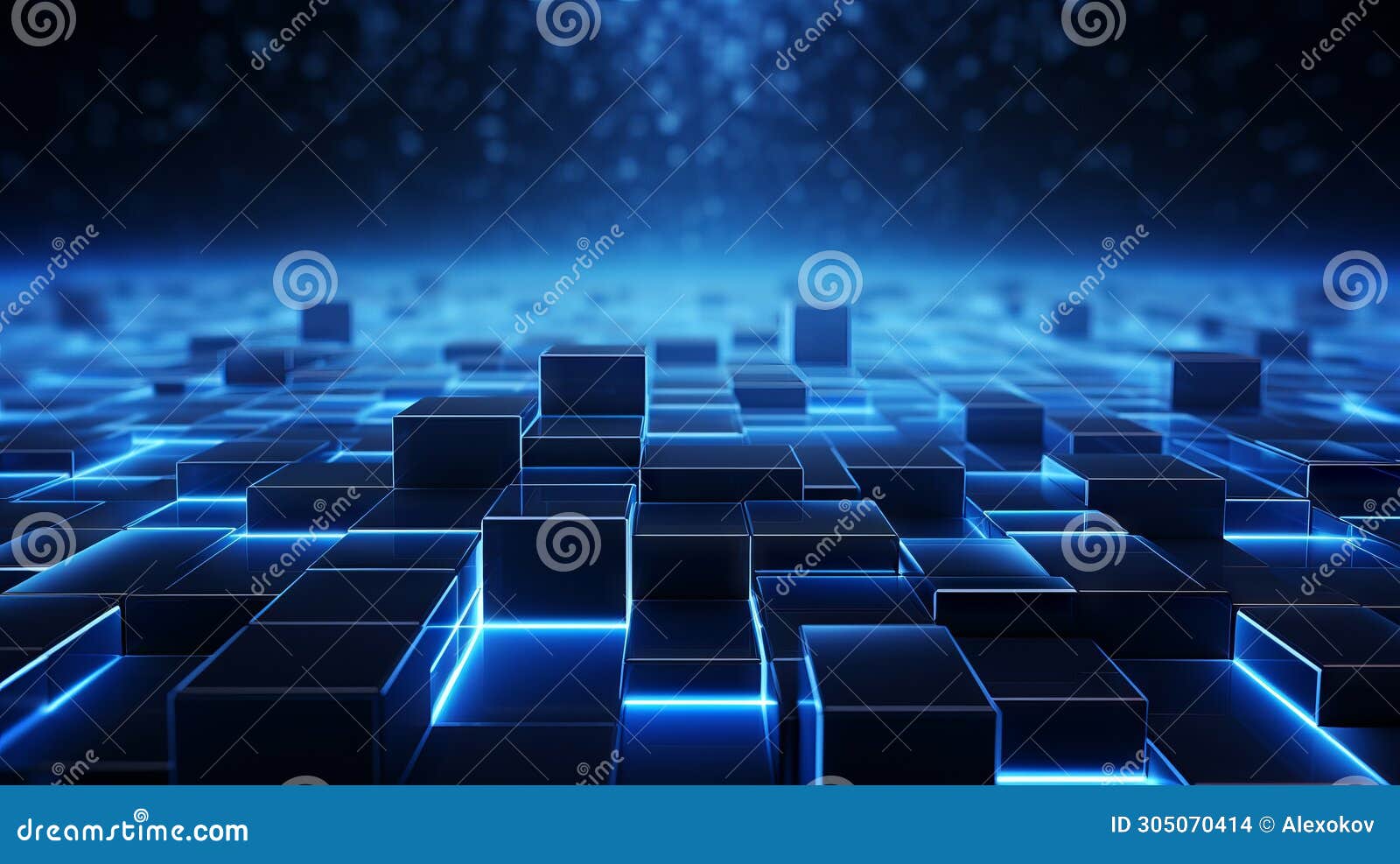 Abstract Dark Blue Technology Background with Glowing Cubes, 3d Render ...