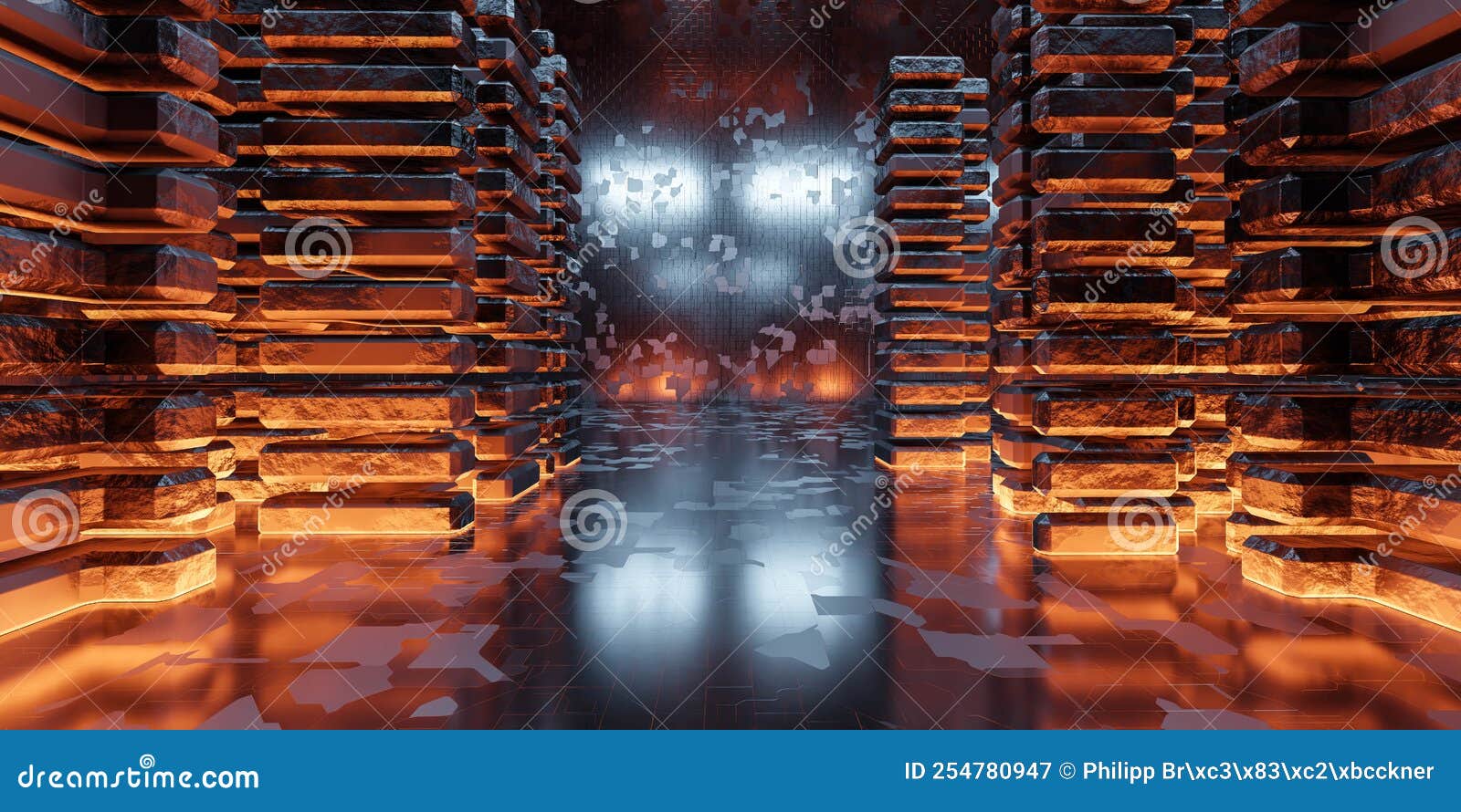 Abstract Dark Futuristic Tower Building Interior with Glowing Red Light ...