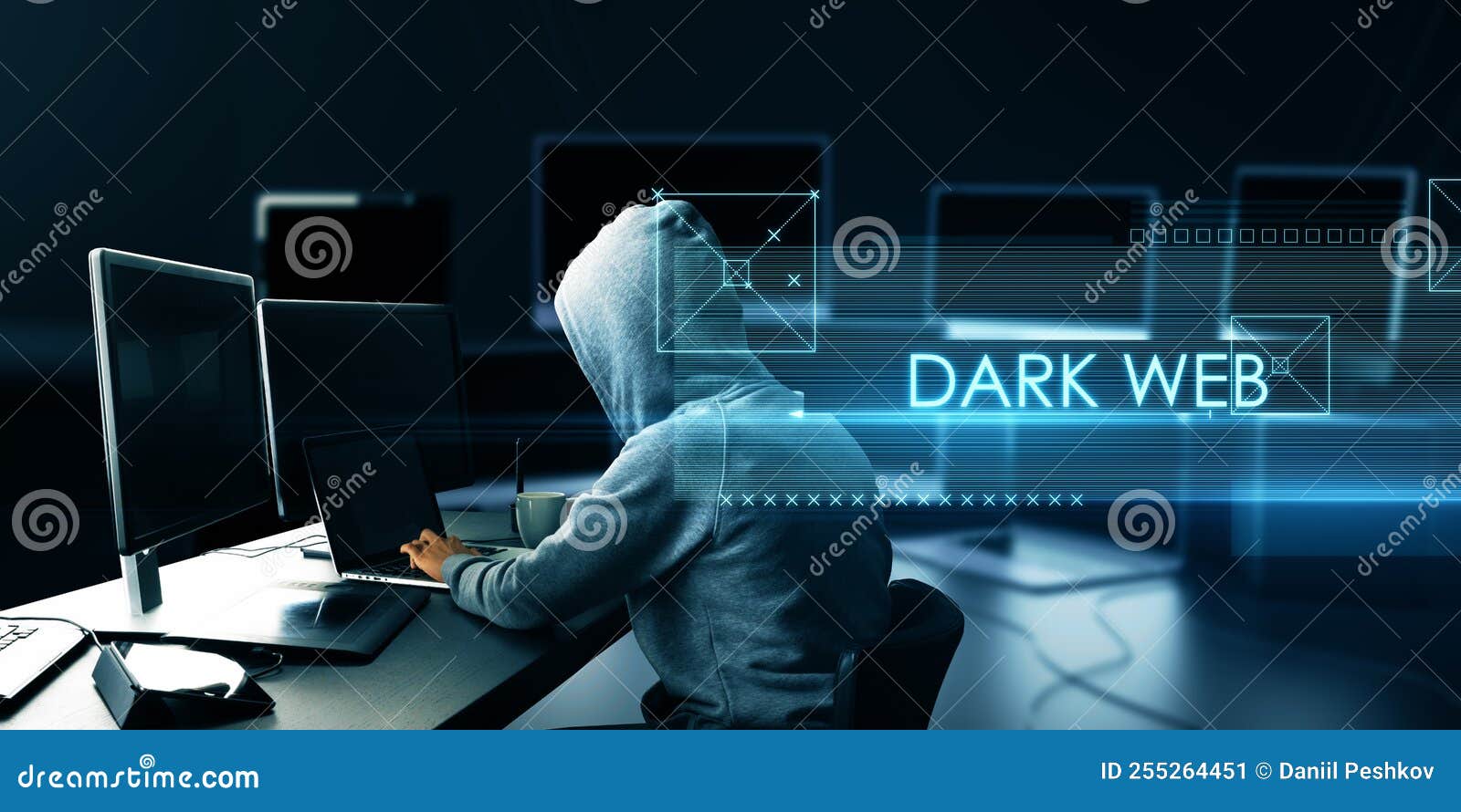 Abstract Dark Web Text Over Side View of Hacker at Desk Using Computers ...