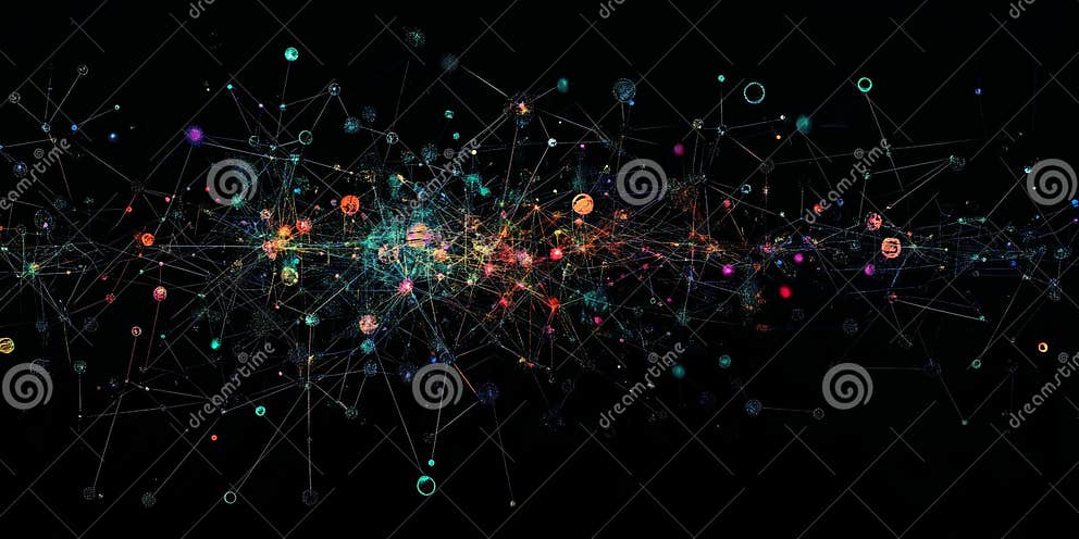 Abstract Data Network Visualization with Colorful Nodes and Dark Background Stock Illustration ...