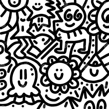 Abstract Decorative Doodles Pattern. Hand-drawn Vector Black and White ...
