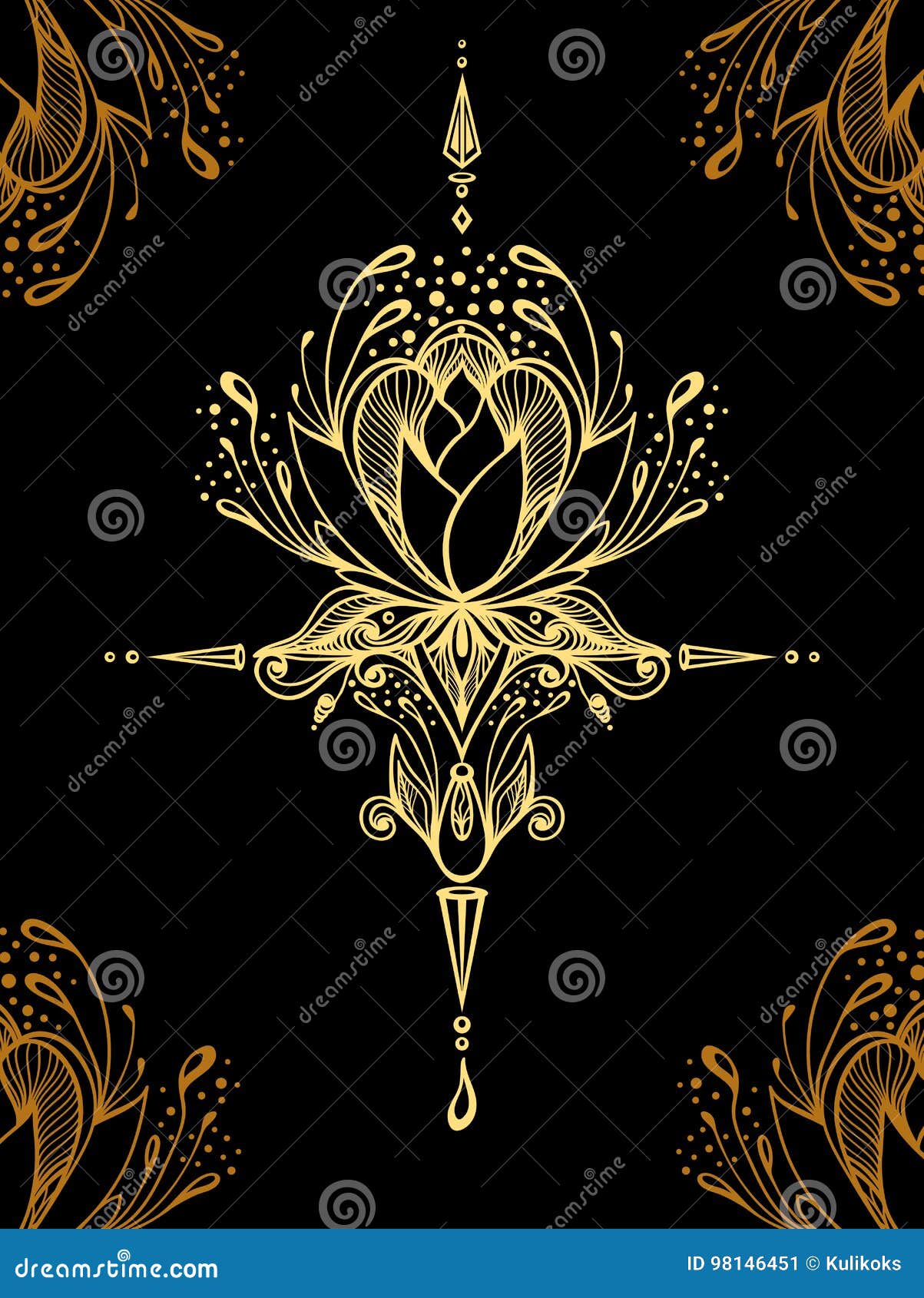 Abstract Decorative Element in Boho Style Gold on Black Stock Vector ...