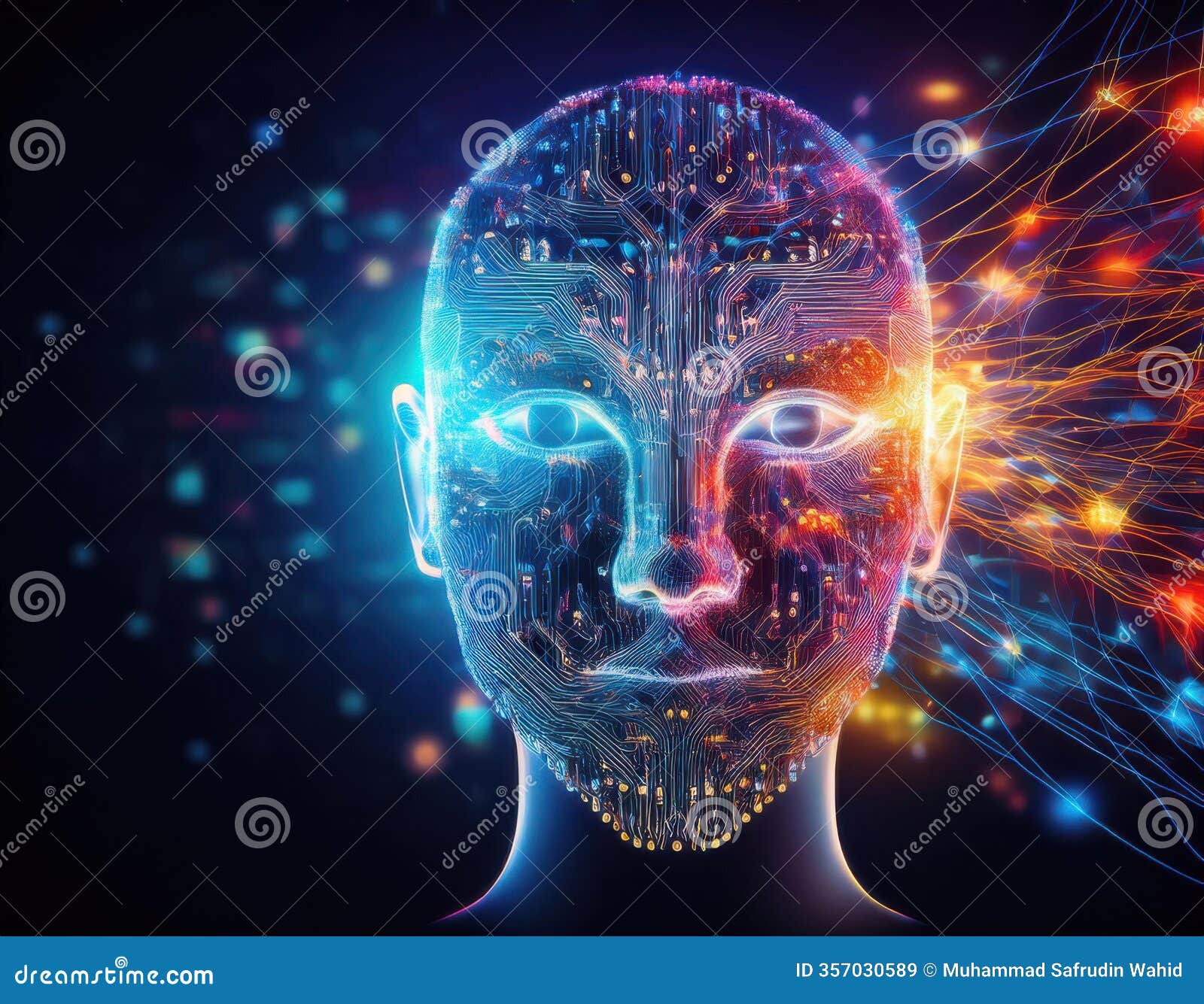 An Abstract Depiction of Artificial Intelligence, Featuring an Ethereal Face Made of Glowing ...