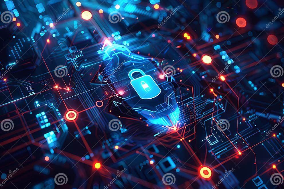 An Abstract Depiction of Cybersecurity Elements, Including Digital Locks, Shields, and Network ...