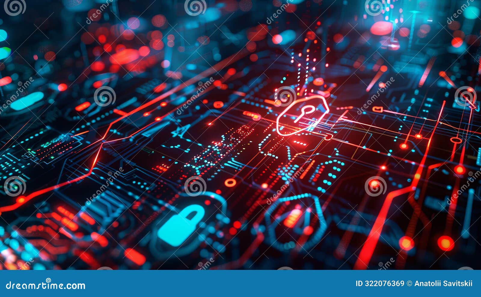 Abstract Depiction Of Cybersecurity Elements Such As Digital Locks Shields And Network Nodes