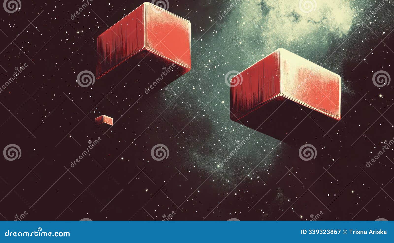 Abstract Depiction of Floating Red Blocks in a Cosmic Space Background ...