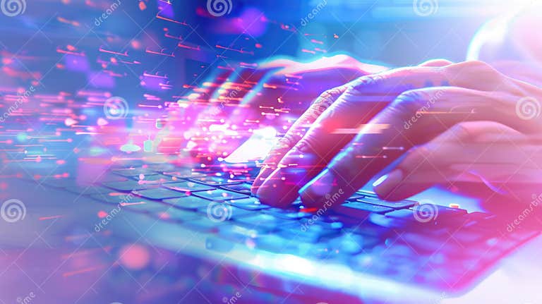 Abstract Depiction Of Qa Engineer Typing On Floating Keyboard With Digital Elements Copyspace