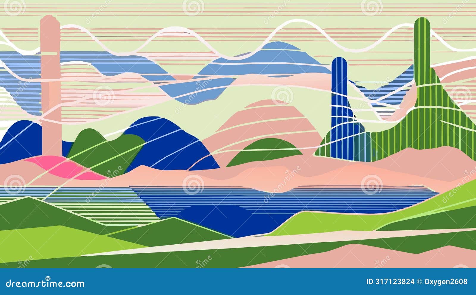 Abstract Desert Landscape with Cacti and Mountain Ranges Stock Photo ...