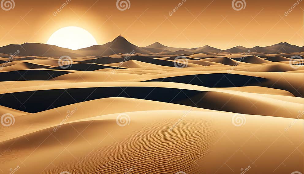 Abstract Desert Scene with Triangular Sand Dunes and a Single Circular Sun, Using Sharp Lines ...